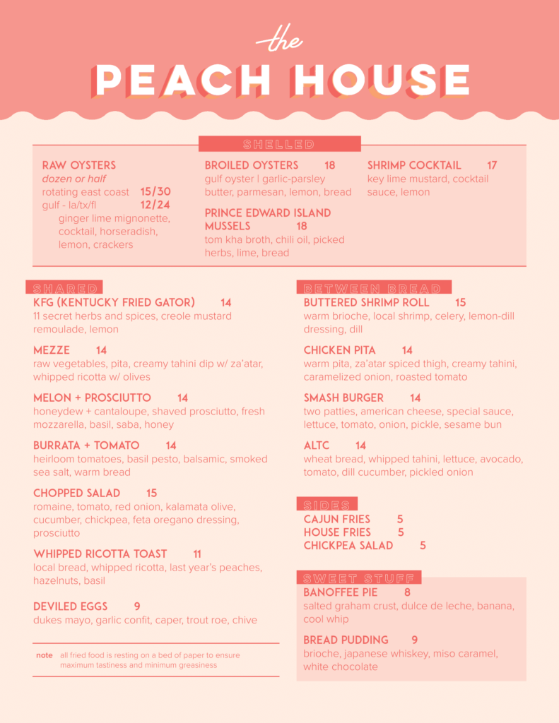 Peach House Lakeland - Food Menu