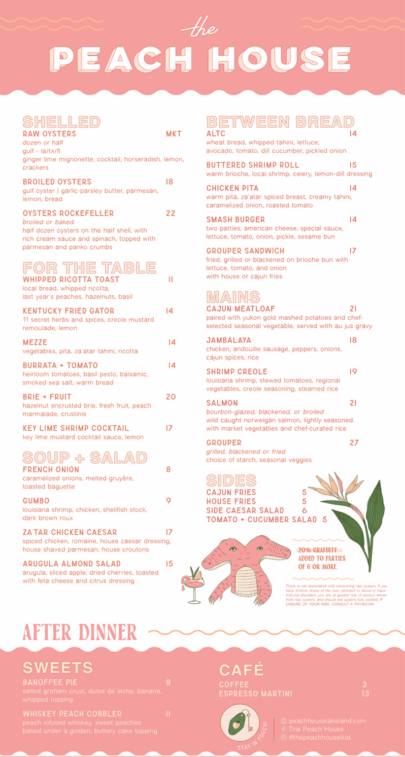 Peach House Lakeland - Food Menu